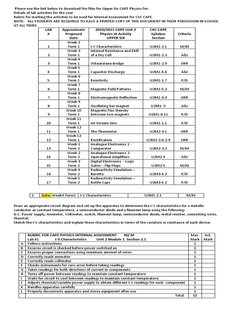 CAPE IA U2 Activities and Rubrics 2011 | PDF | Rectifier | Electronic ...