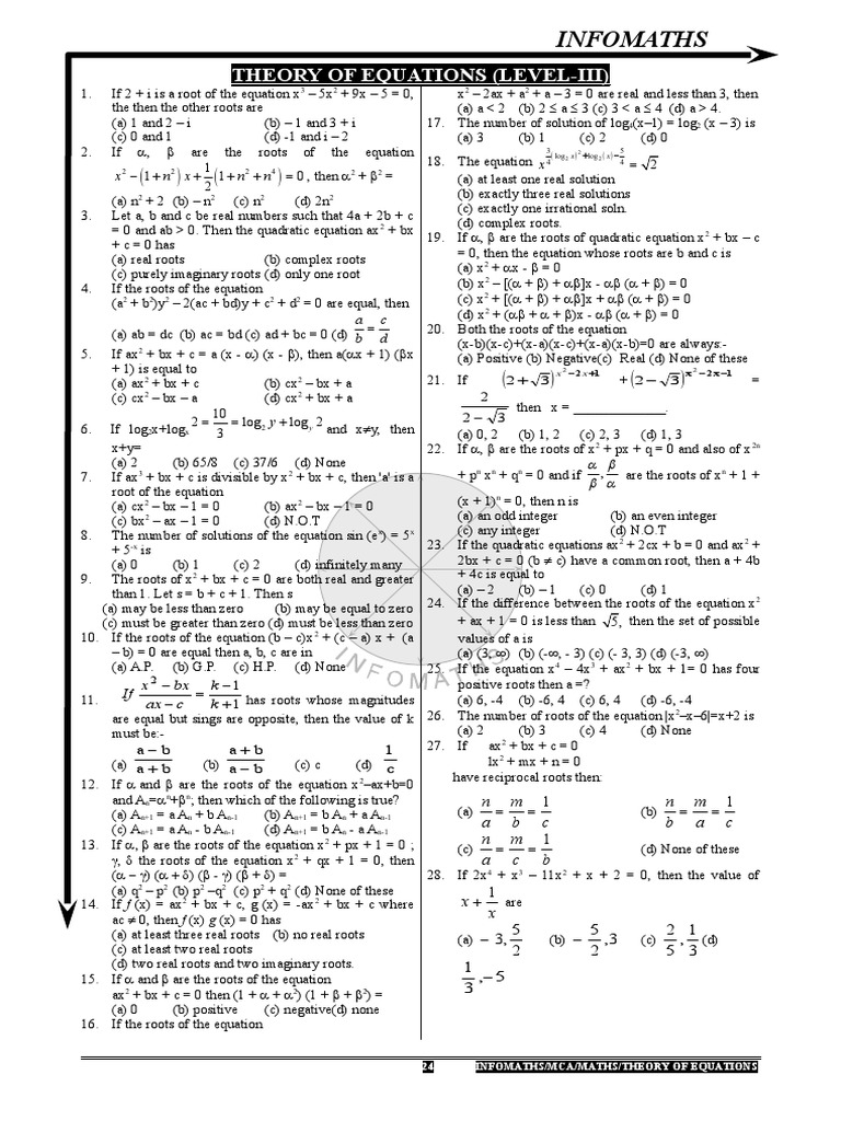 Theory of Equations: Level III Solutions | PDF | Quadratic Equation ...