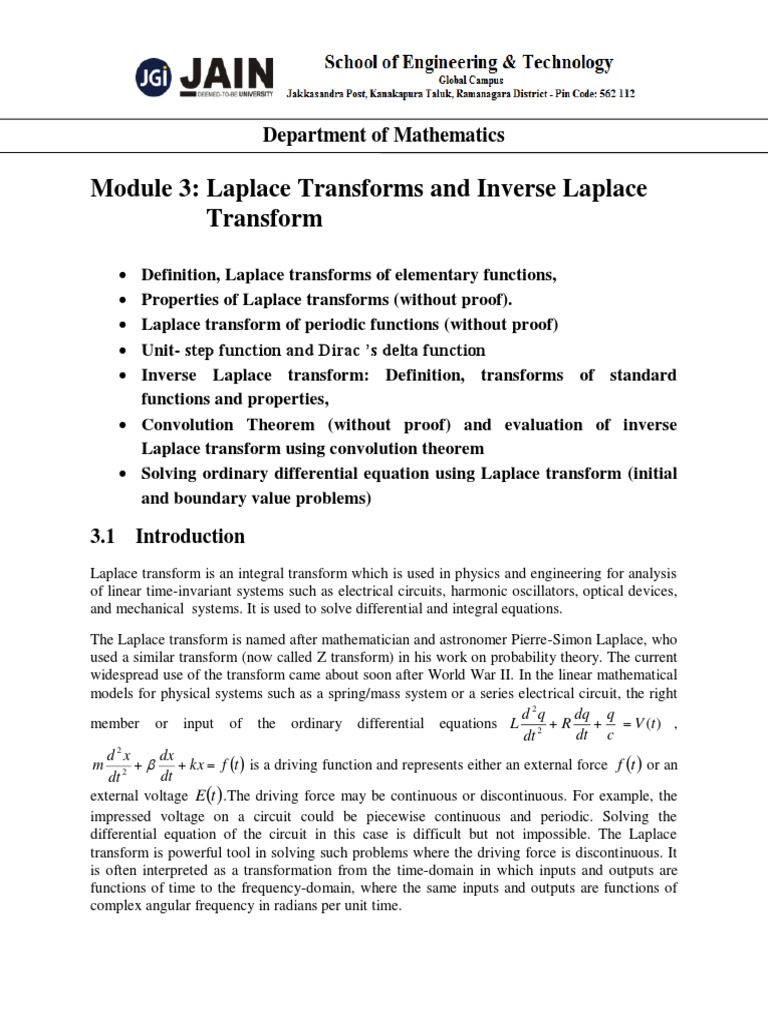 Module-3 Laplace and Inverse Laplace Transforms PDF | PDF | Laplace Transform | Continuous Function