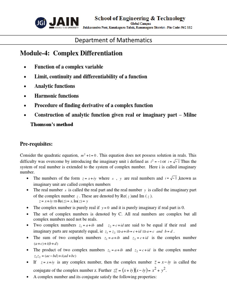 Module-4 COMPLEX DIFFERENTIATION PDF | PDF | Complex Number | Continuous Function