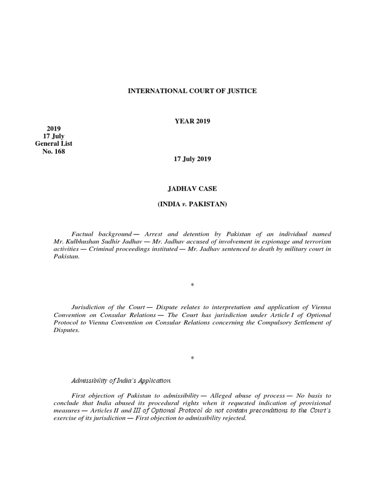 ICJ Judgment in Kulbhushan Sudhir Jadhav Case | PDF | Treaty | Judgment ...