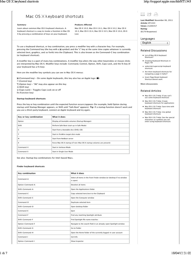 Essential Mac OS X Keyboard Shortcuts | PDF | Computer Keyboard ...