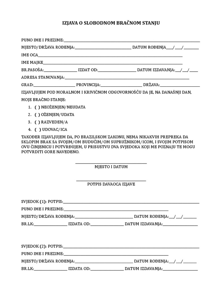 Izjava o Slobodnom Bračnom Stanju | PDF