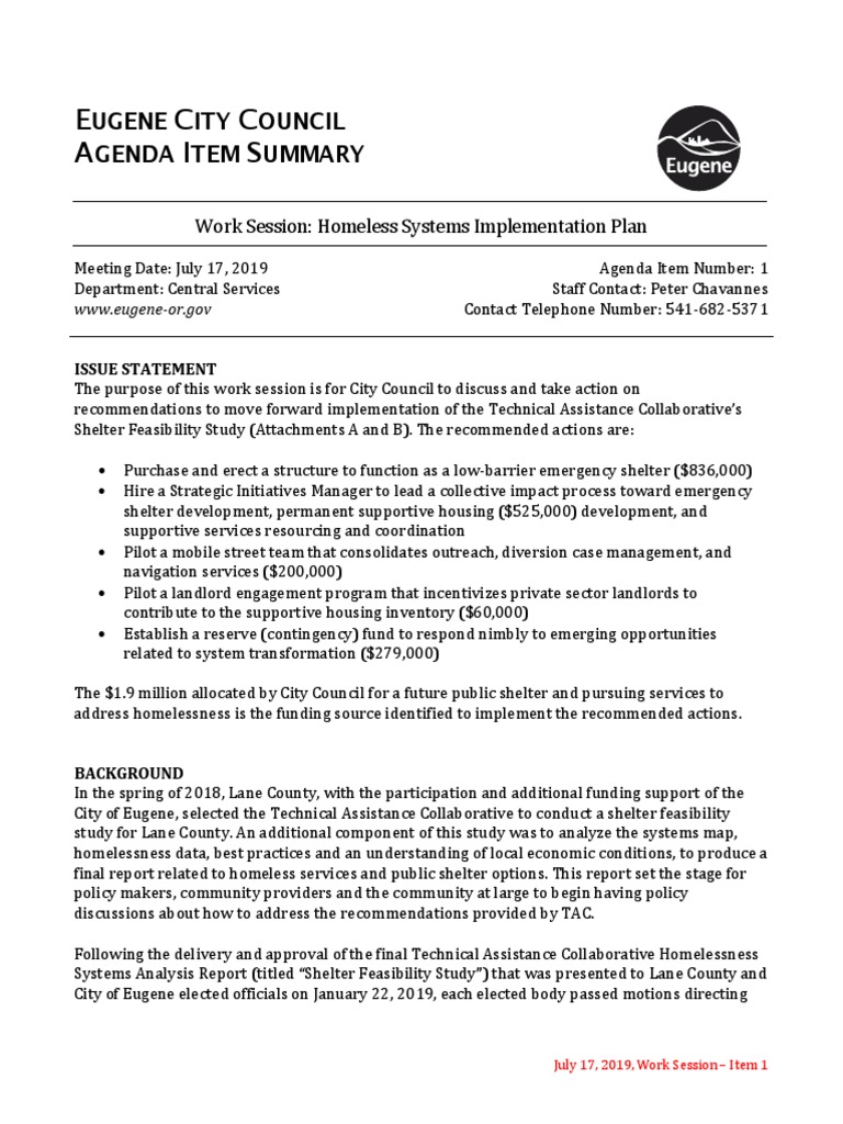 Eugene Homelessness Implementation Plan | PDF | Homelessness | Zoning
