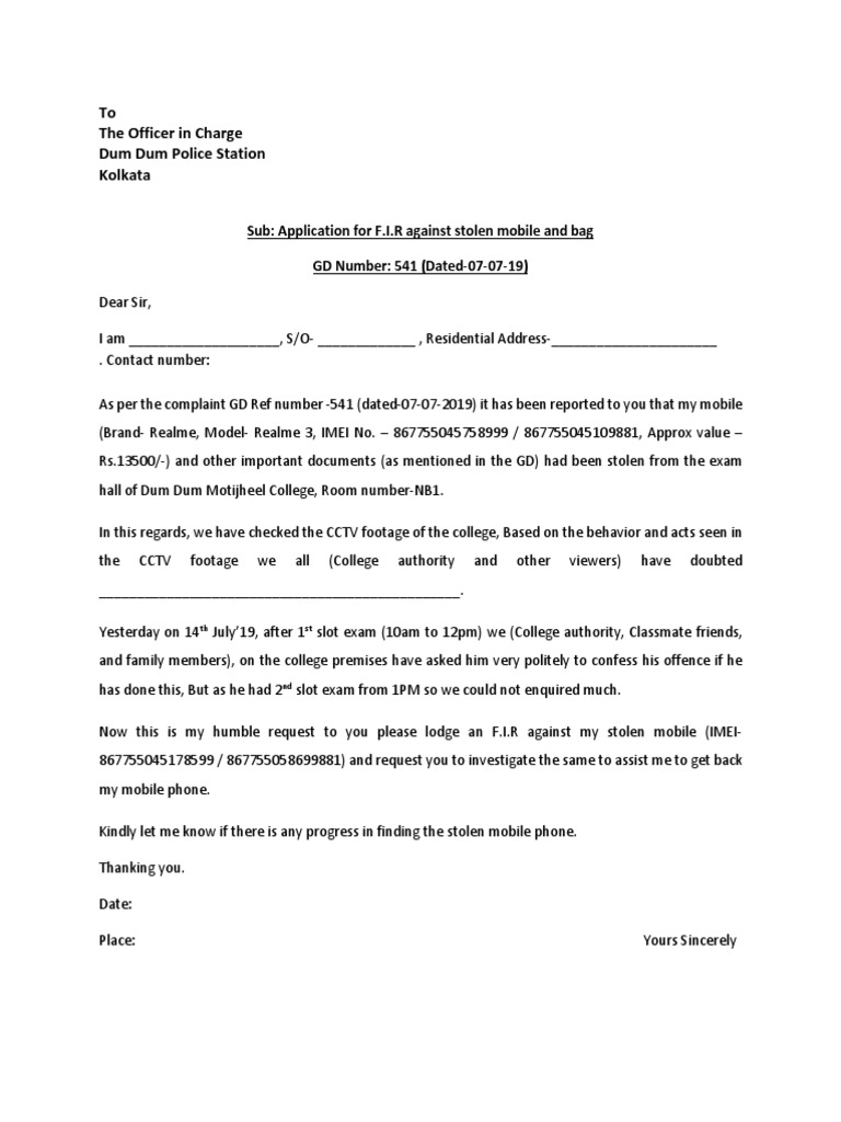 Sample Fir Format For Stolen Mobile | PDF
