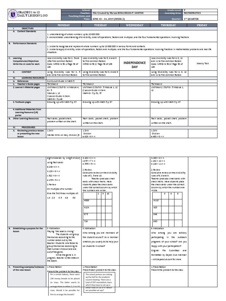 Grade 5 Math DLL Week 2 Quarter 1 | PDF | Division (Mathematics) | Teachers