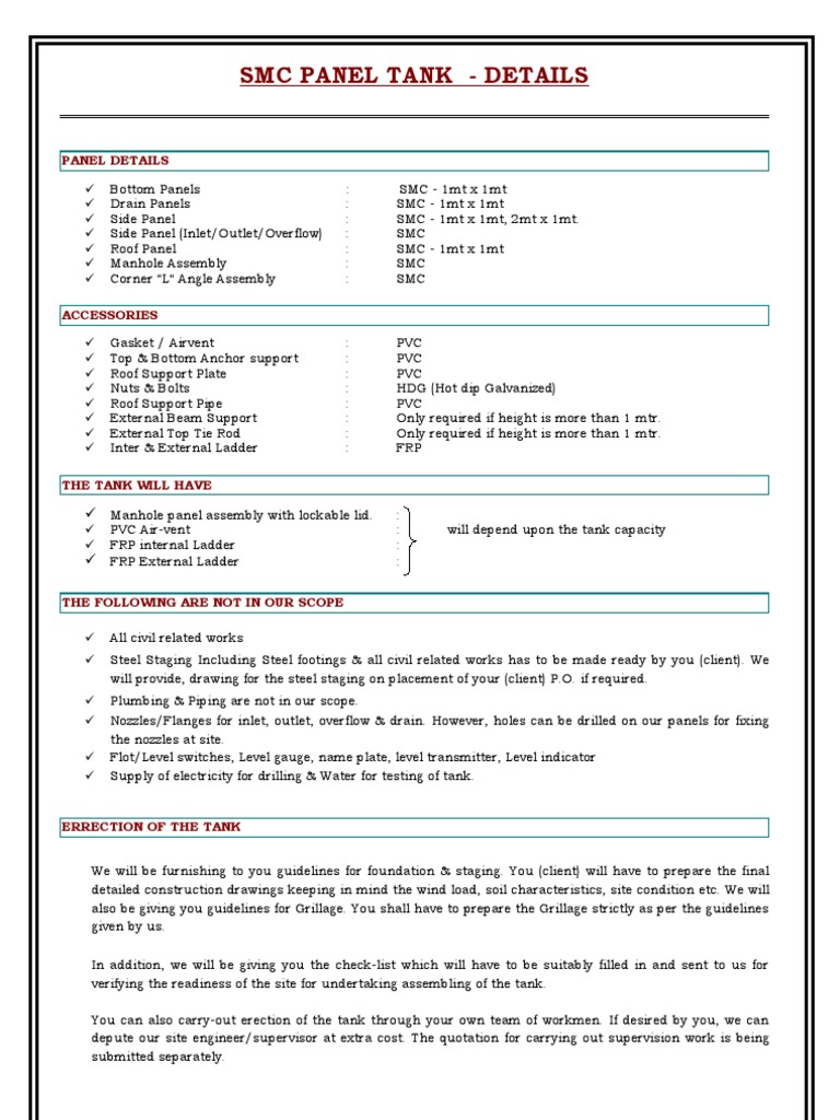 Panel Tank Details | PDF | Pipe (Fluid Conveyance) | Building Engineering