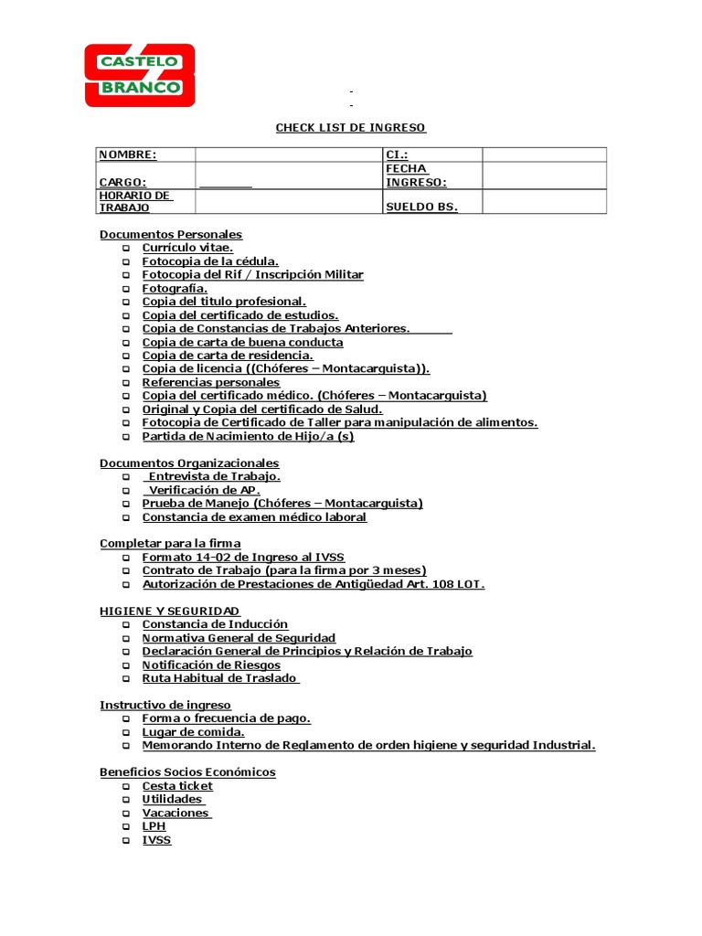 Check List de Ingreso | PDF