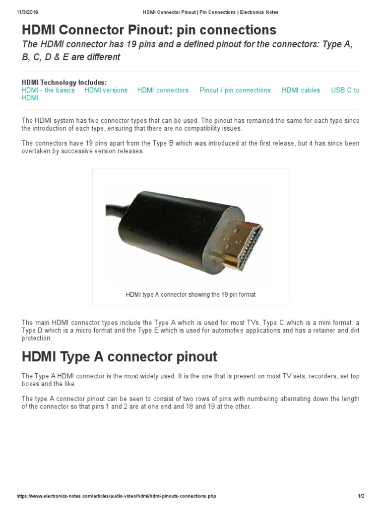 HDMI Connector Pinout Guide | PDF | Hdmi | Electrical Connector