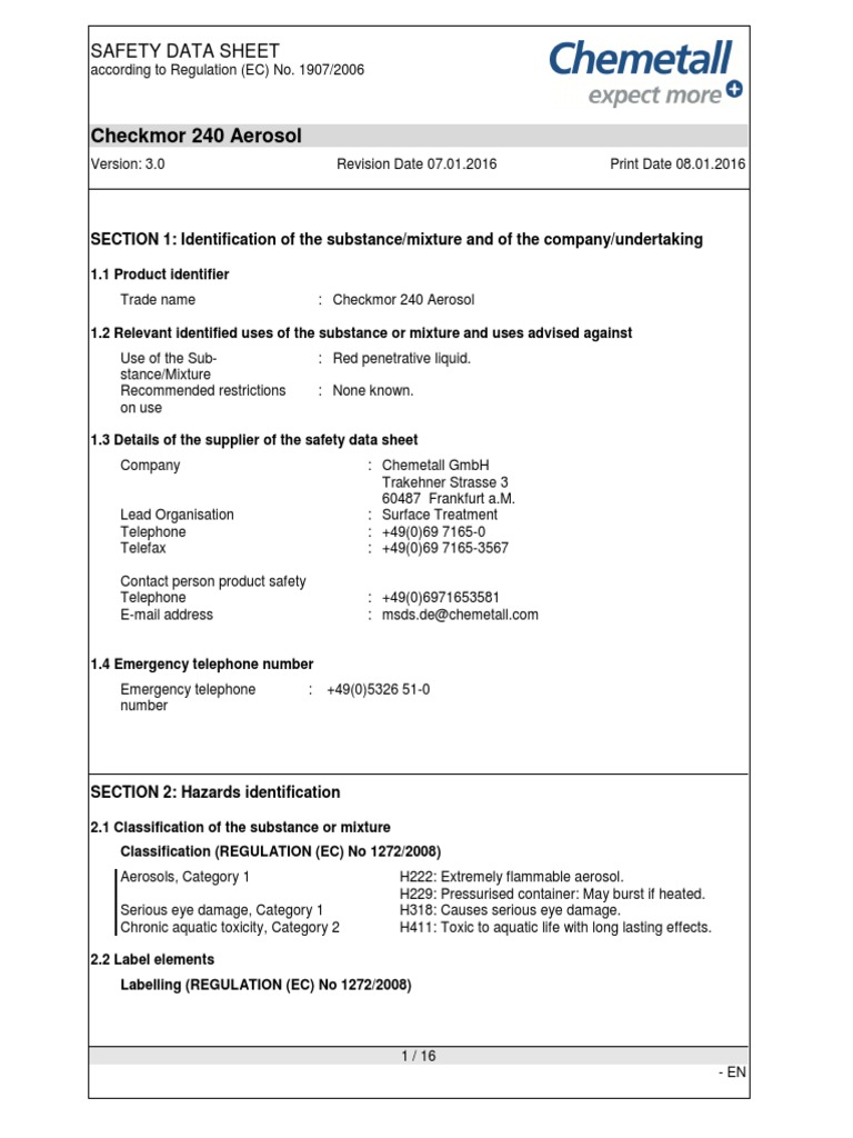 Checkmor 240 Aerosol Sds Ver3 | PDF | Toxicity | Firefighting