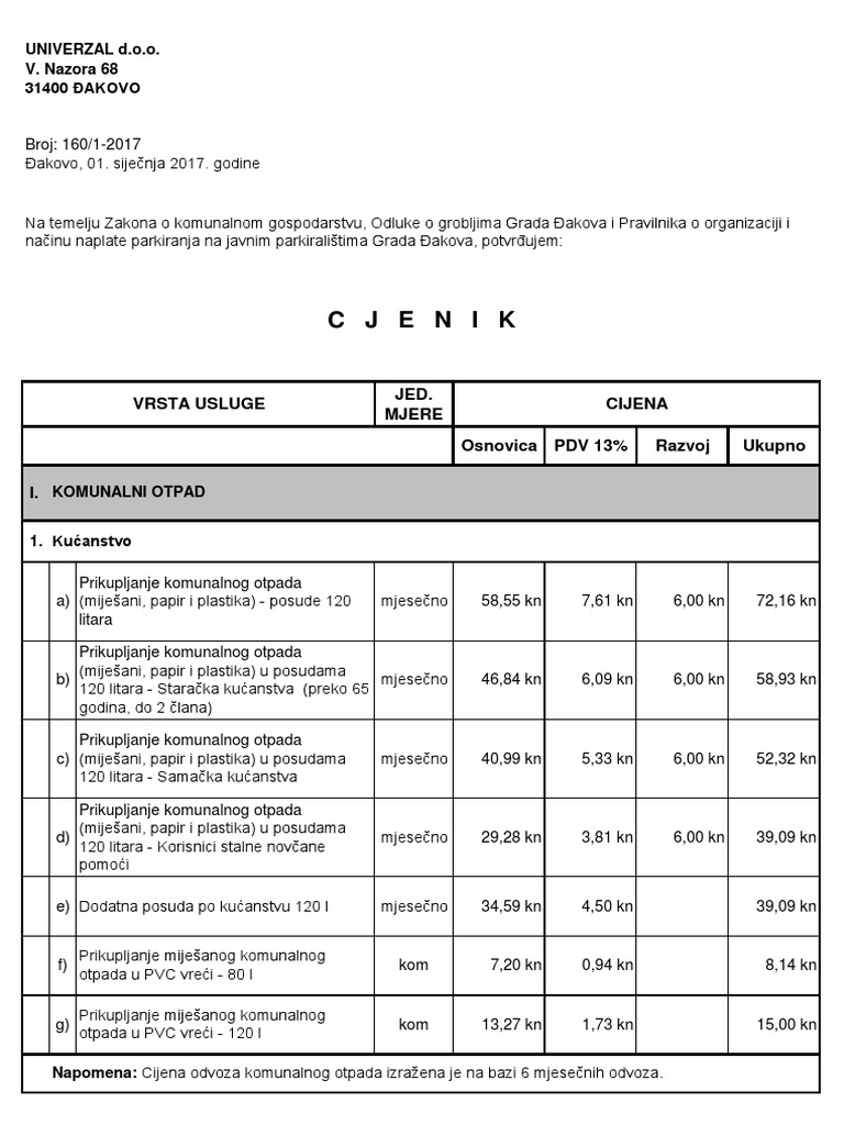 Univerzal Cijenik - Cjenik-01.01.2017. | PDF