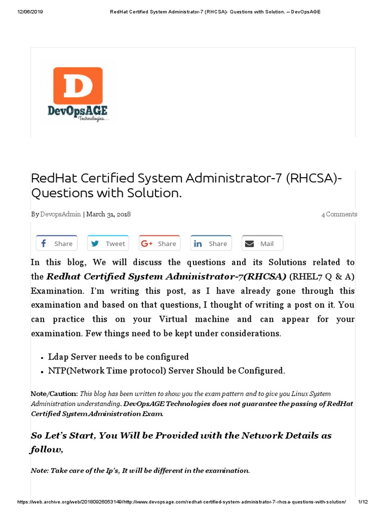 RedHat Certified System Administrator-7 (RHCSA) - Questions With ...