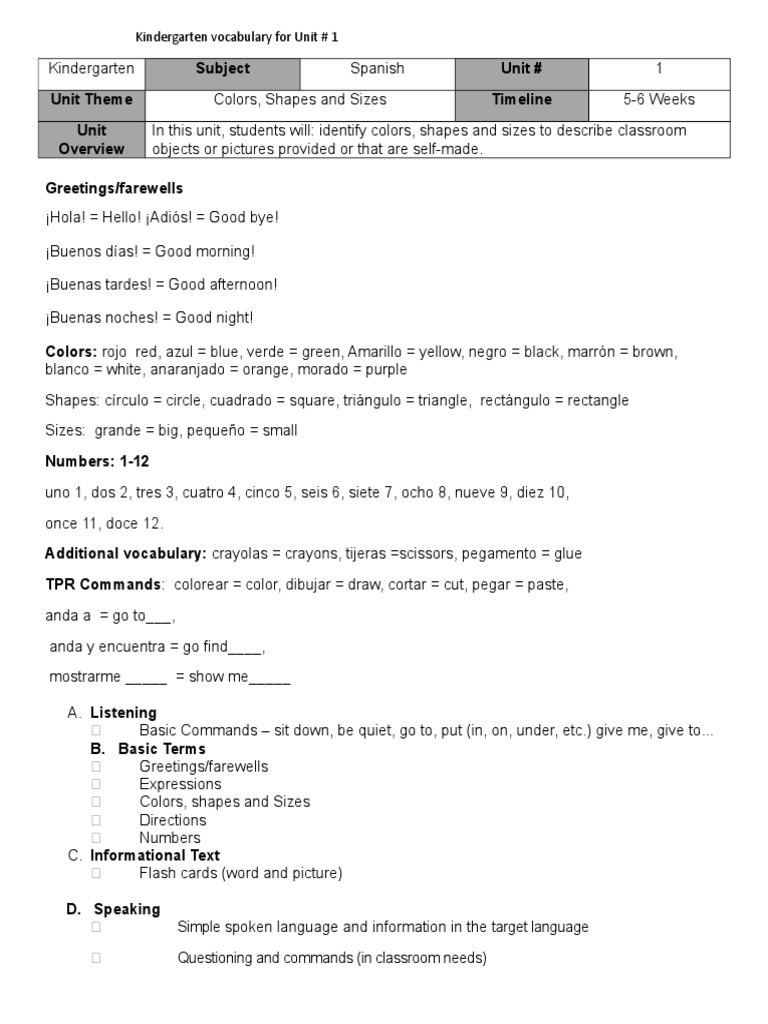 Kindergarten to Third Grade Spanish Vocabulary | PDF | Classroom