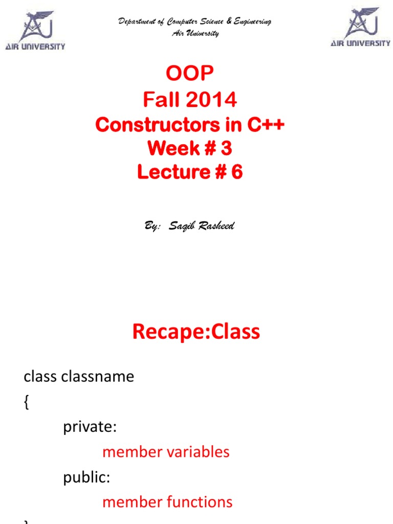 OOP Fall 2014: Constructors in C++ Week # 3 Lecture # 6 | PDF ...