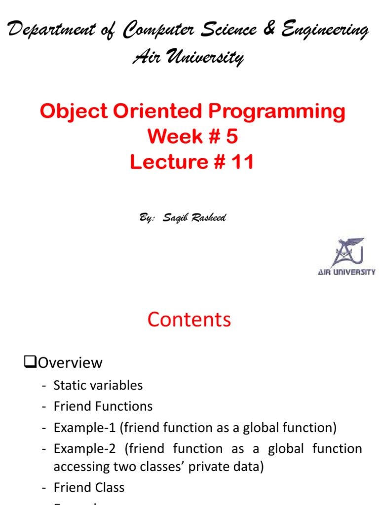 Object Oriented Programming Week # 5 Lecture # 11: Department of Computer Science & Engineering ...