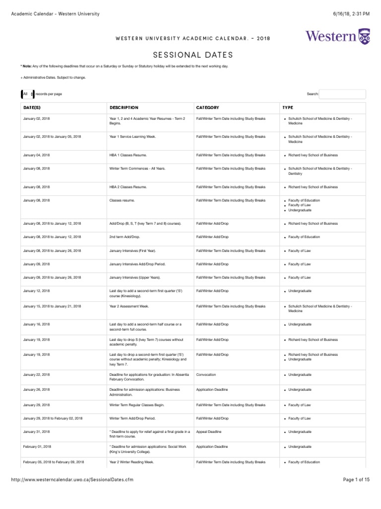 Sessional Dates: 6/16/18, 2:31 PM Academic Calendar - Western ...