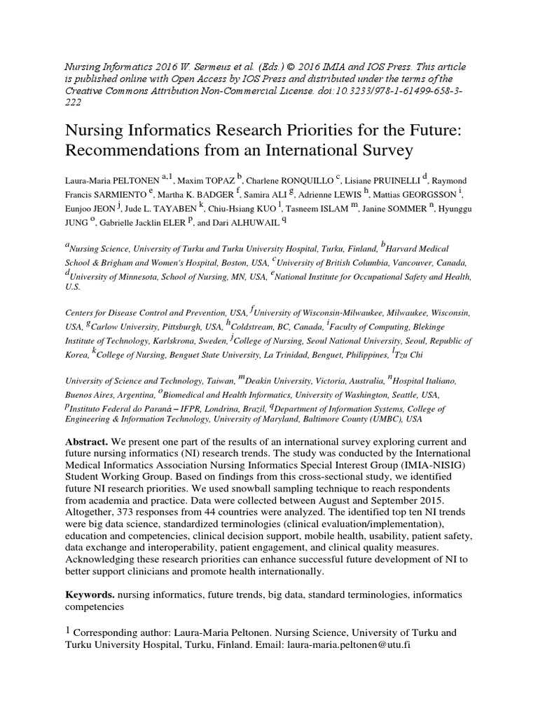 Nursing Informatics Research Priorities For The Future: Recommendations ...