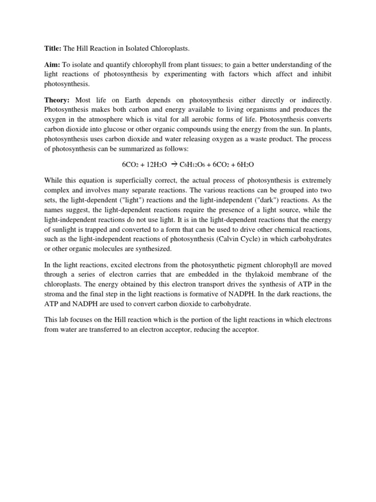 The Hill Reaction in Isolated Chloroplasts (Prelab) | PDF ...
