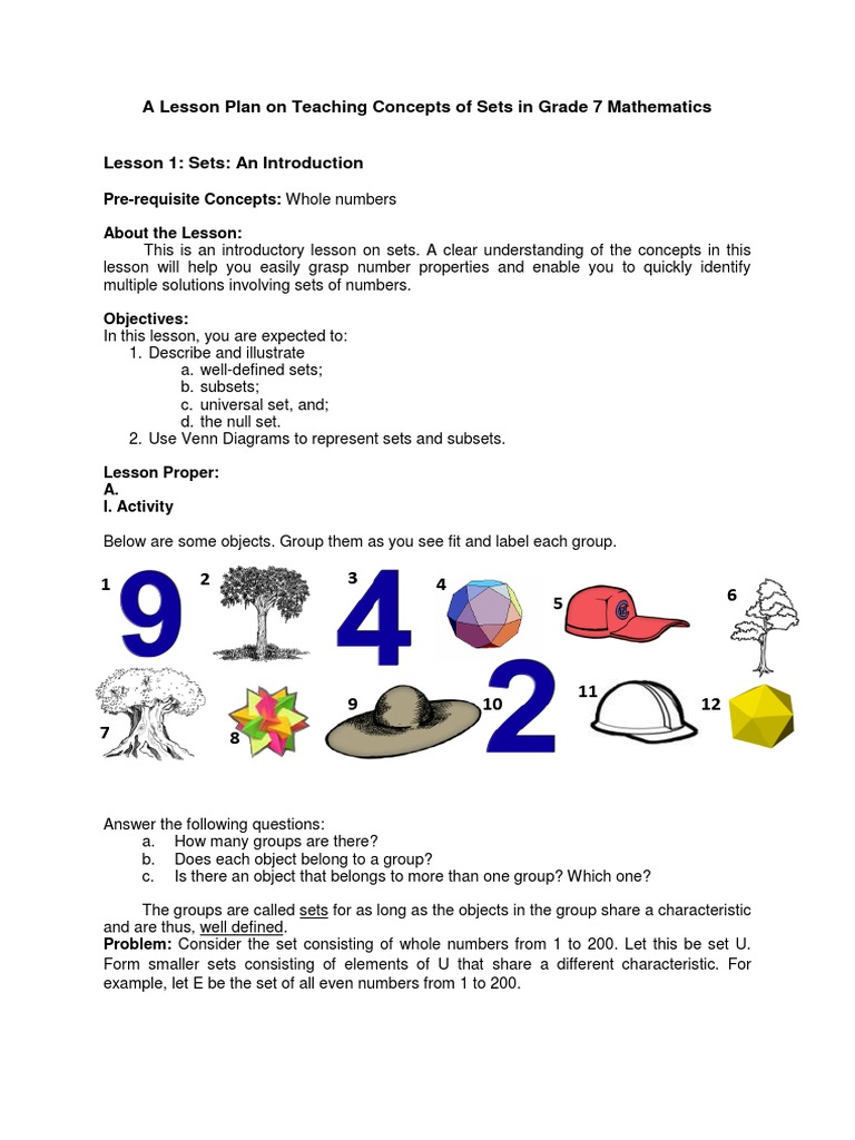 A Lesson Plan On Teaching Concepts of Sets in Grade 7 Mathematics | PDF ...