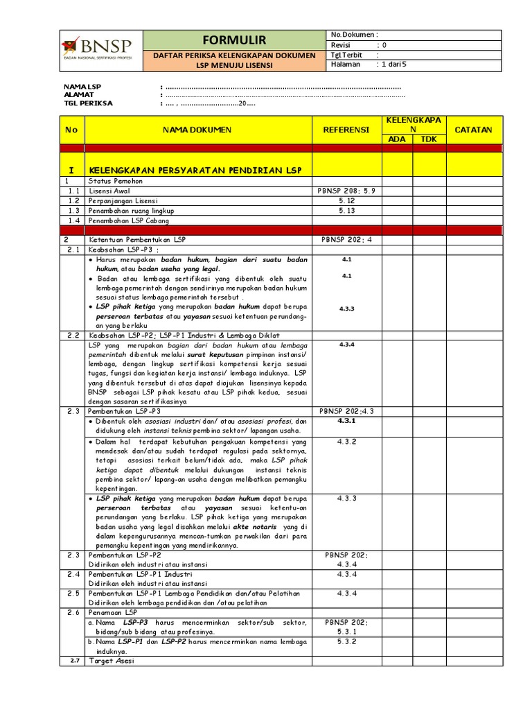 Daftar Periksa Lisensi LSP | PDF