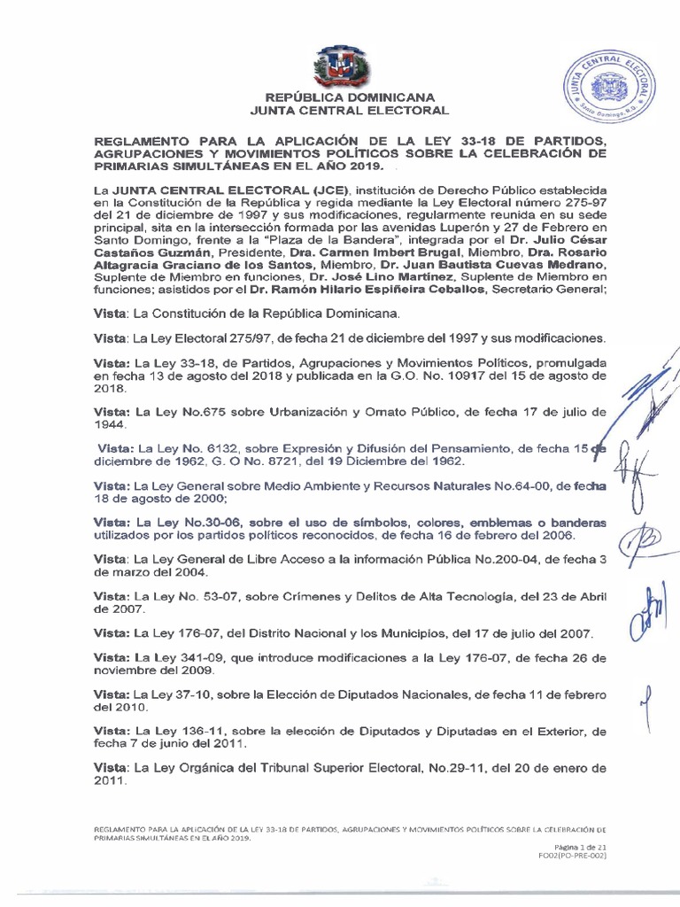 Reglamento Aplicación Ley 33-18 Primarias Simultáneas 2019 | PDF ...