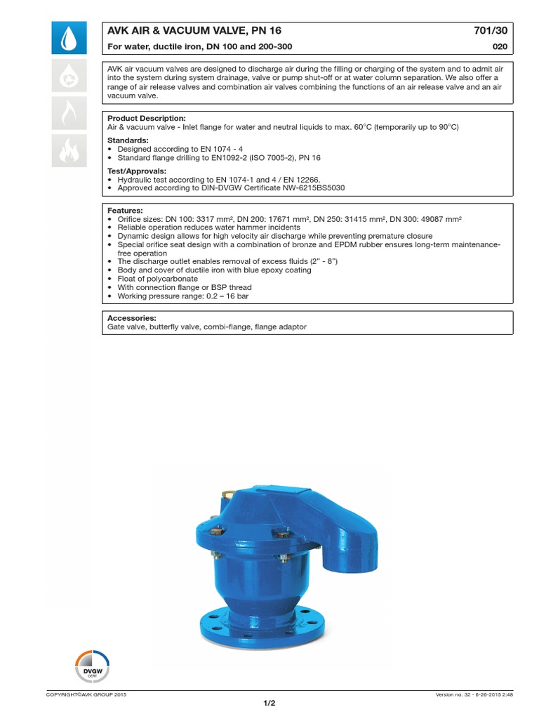 Avk Air & Vacuum Valve, PN 16 701/30: For Water, Ductile Iron, DN 100 ...