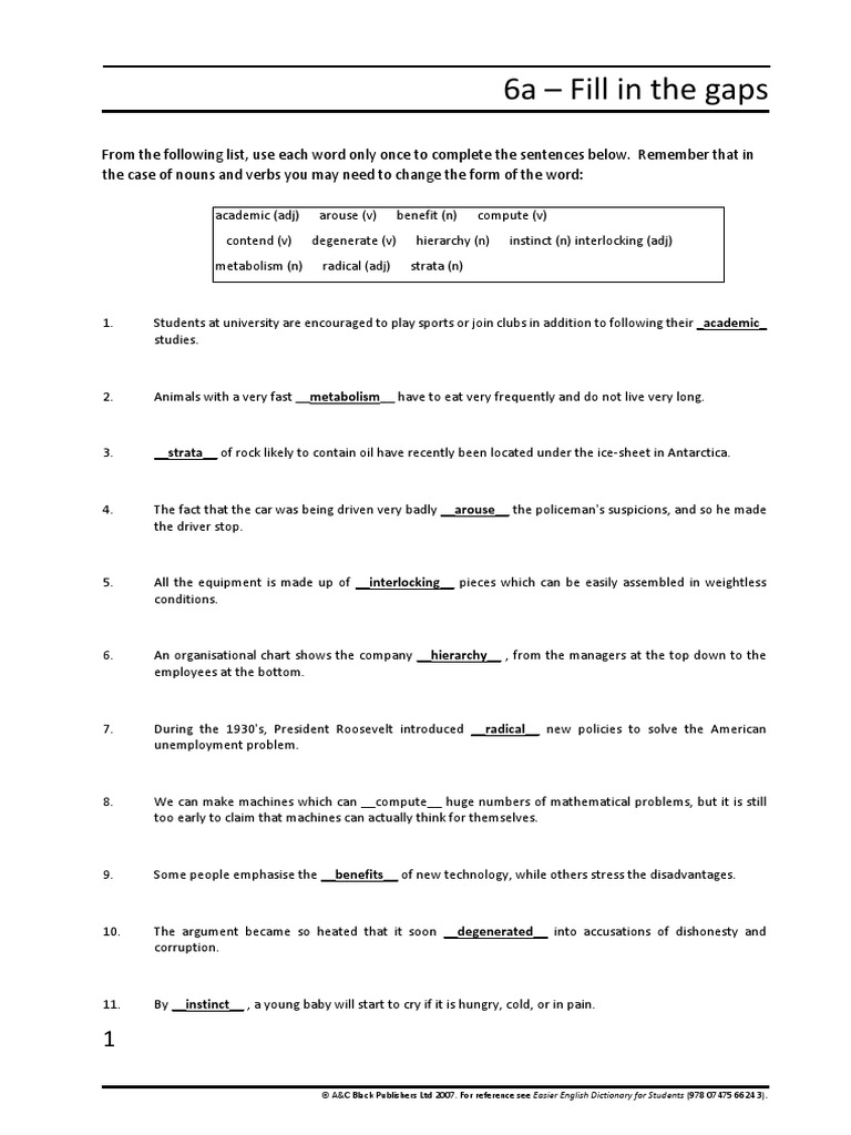 6a - Fill in The Gaps | PDF | Vocabulary