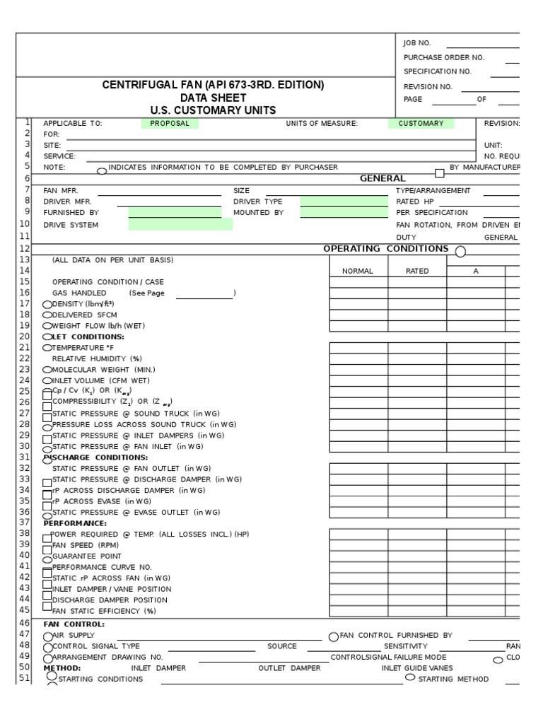 API 673 Centrifugal Fan Data Sheet | PDF | Bearing (Mechanical) | Duct ...