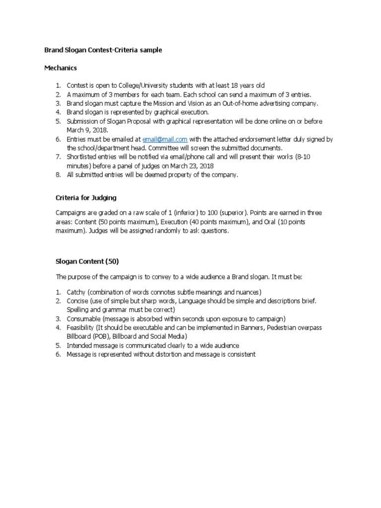 Brand Slogan Contest-Criteria Sample Mechanics | PDF