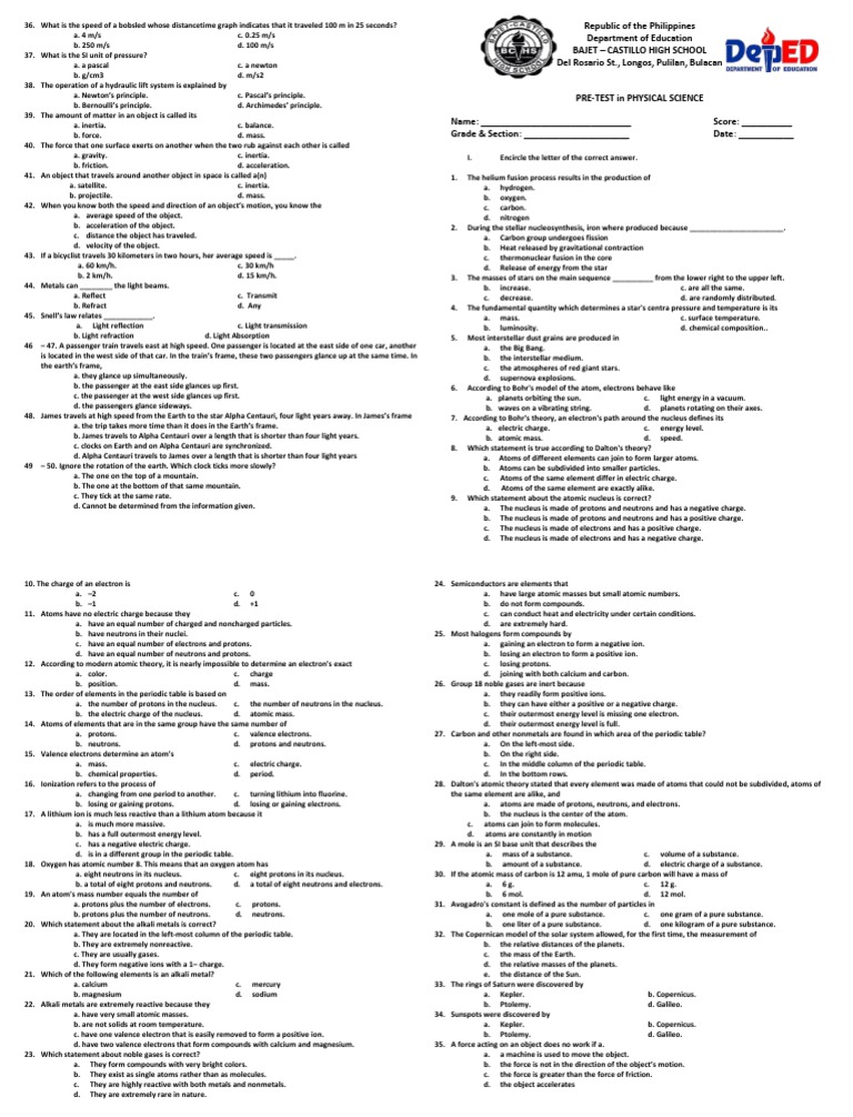 Pre Test in Physical Science | PDF | Atoms | Ion