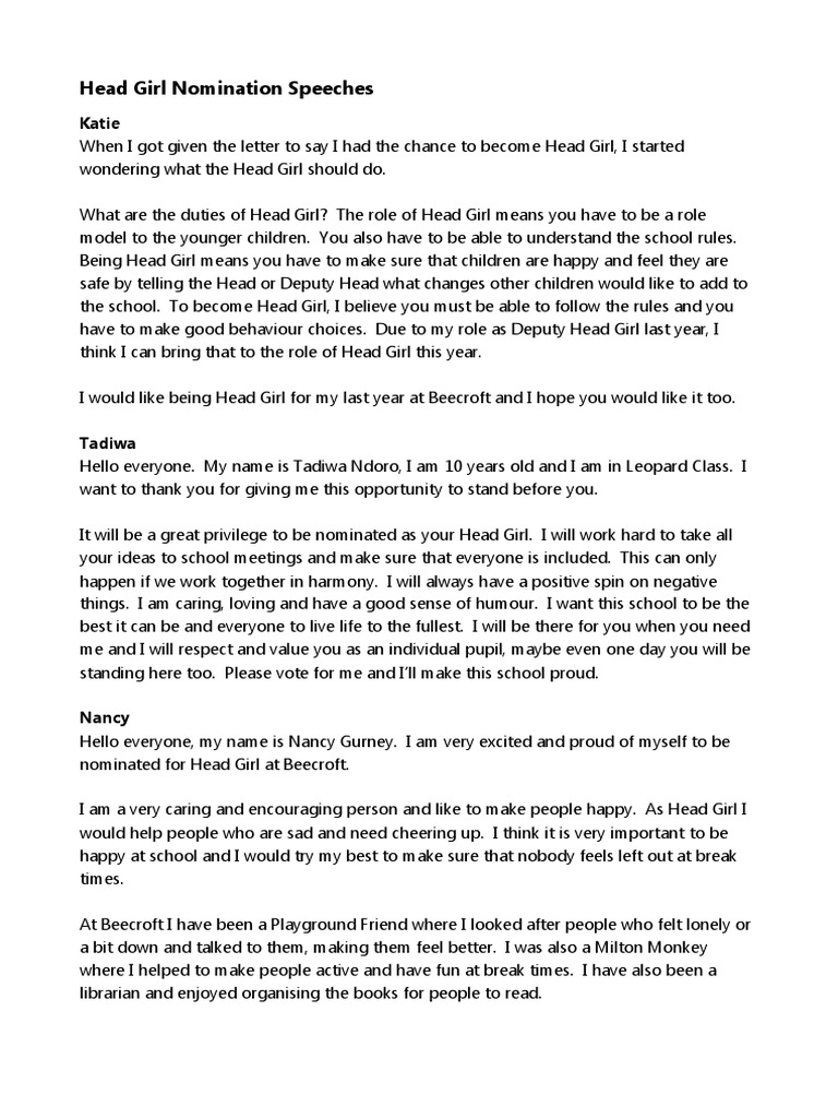 (116787) Head Boy and Head Girl Nomination Speeches PDF | PDF