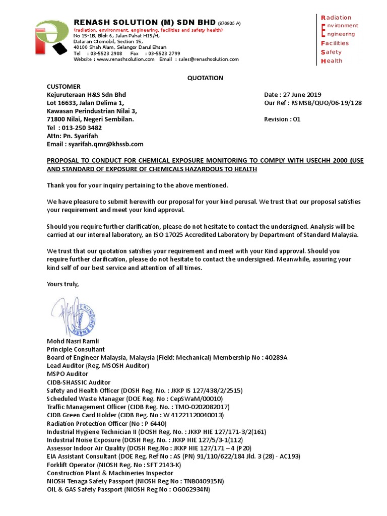 Quotation Chemical Exposure Monitoring-H&s SDN BHD | PDF | Occupational ...