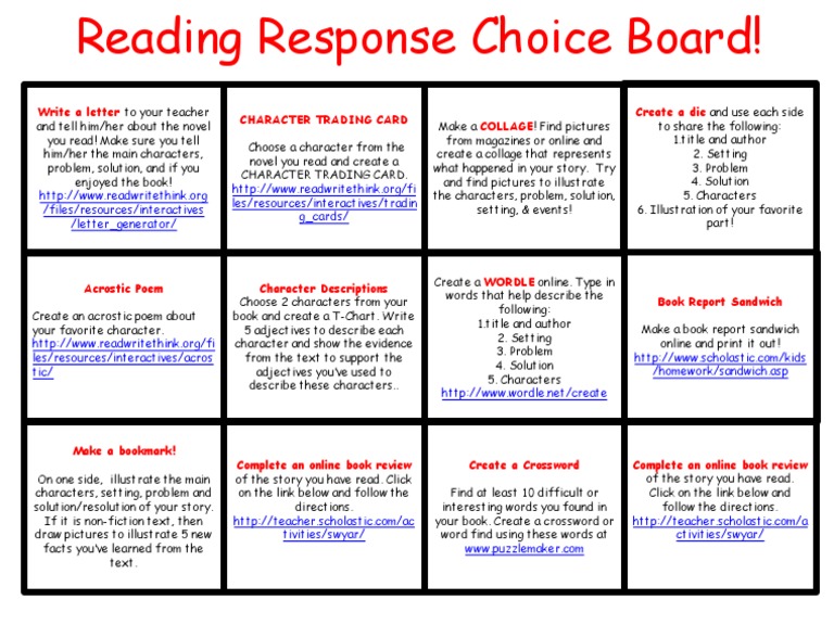 Reading Response Choice Board All-In-One PDF | PDF | Books