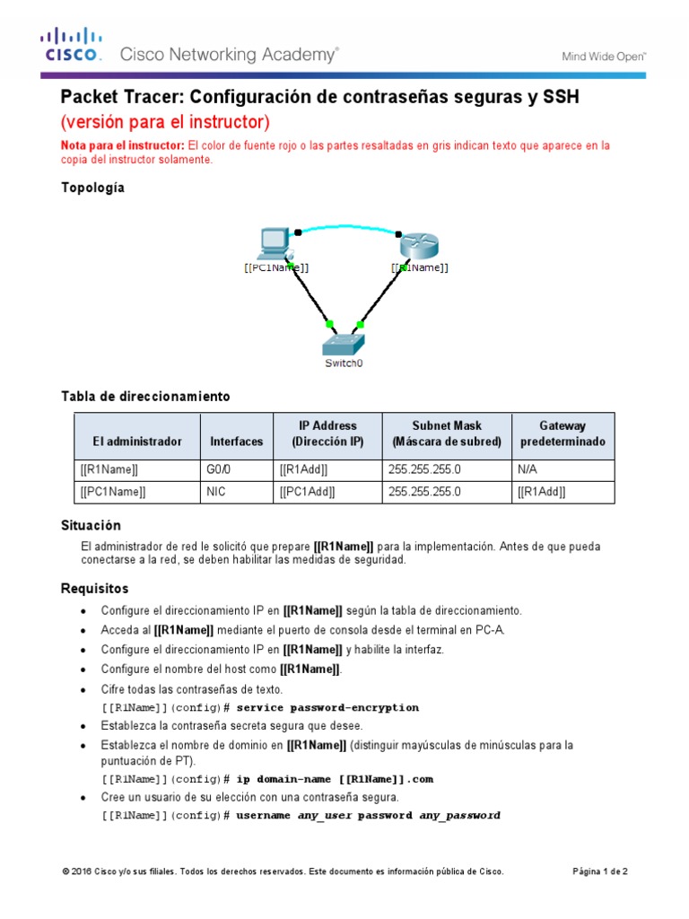 11.2.4.5 Packet Tracer - Configuring Secure Passwords and SSH - ILM PDF | PDF | Dirección IP ...