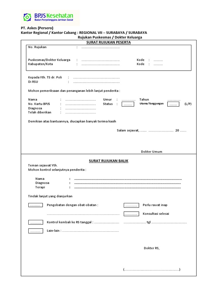 Form Rujukan Faskes Primer Bpjs Kesehatan | PDF