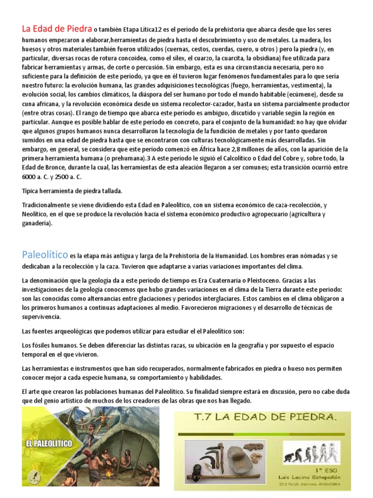 La Edad de Piedra o También Etapa | PDF | Edad de Piedra | Paleolítico