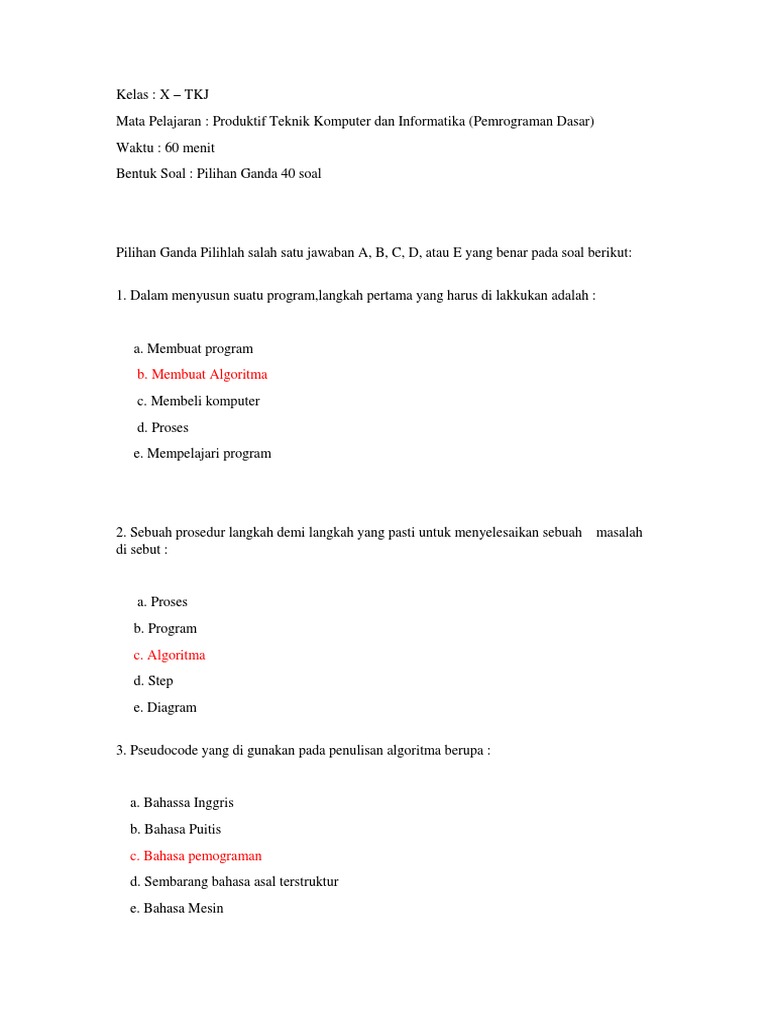 Soal Pilihan Ganda Pemrograman Dasar TKJ | PDF | Metode & Bahan Ajar | Teknologi & Rekayasa