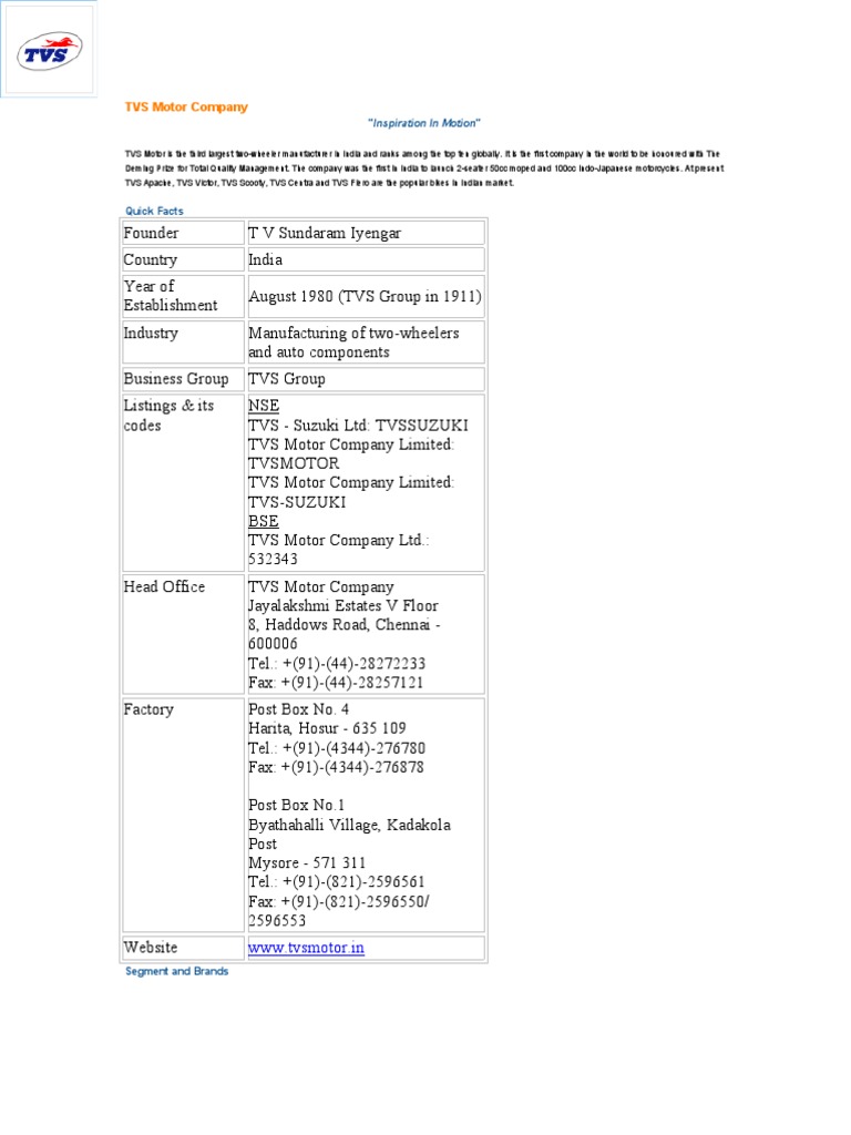 TVS Motor Company | PDF | Economy Of India | Motor Vehicle Manufacturers