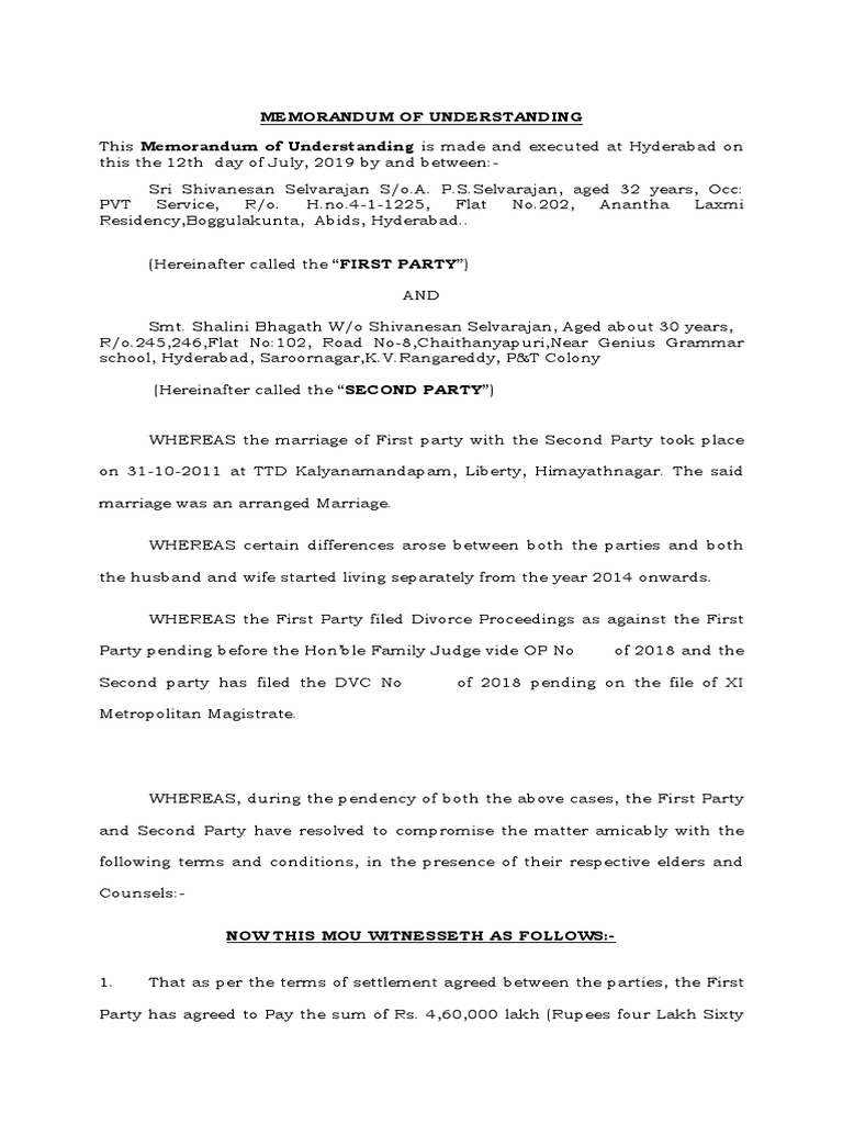 Memorandum of Understanding | PDF | Divorce | Alimony