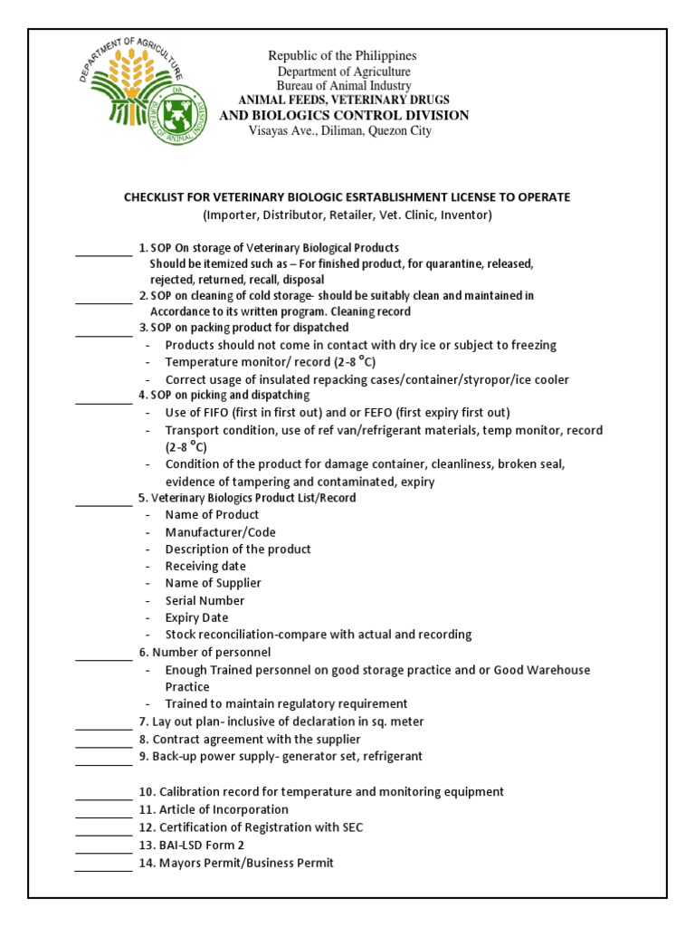 Checklist For Veterinary Biologic Establishment License To Operate ...