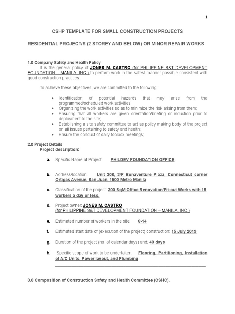 CSHP Template For Small Construction Projects | PDF | Personal ...