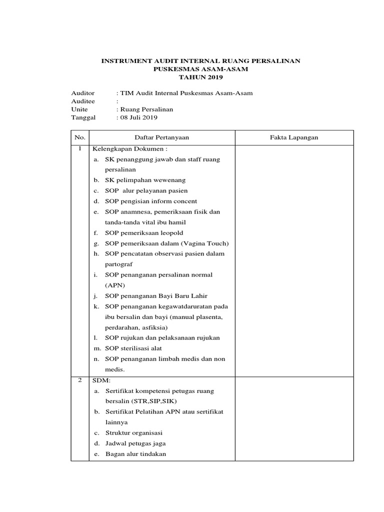 Instrument Audit Internal Ruang Persalinan | PDF | Pengembangan Diri ...