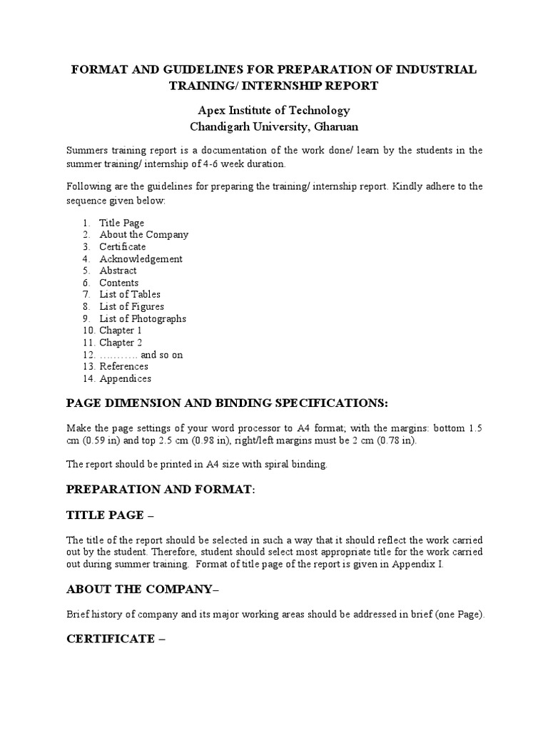 Format and Guidelines For Preparation of Industrial Training ...