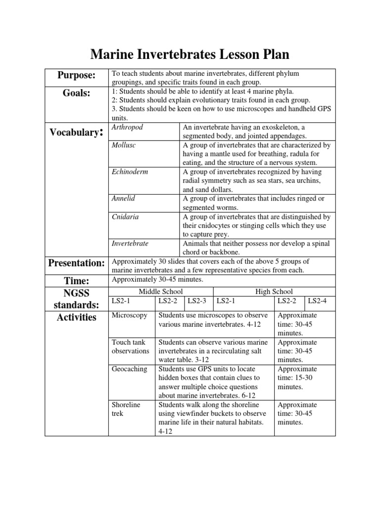 Marine Invertebrates Lesson Plan Guide | PDF | Invertebrate | Biology