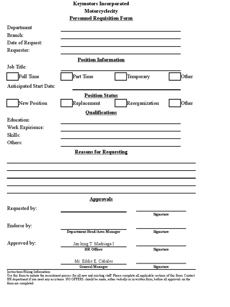 Personnel Requisition Form Template | PDF