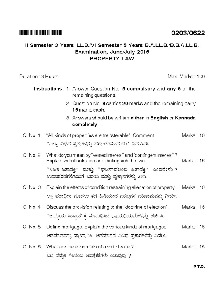 June 2016 LLB Question Paper Property Law | PDF | Civil Law (Common Law ...