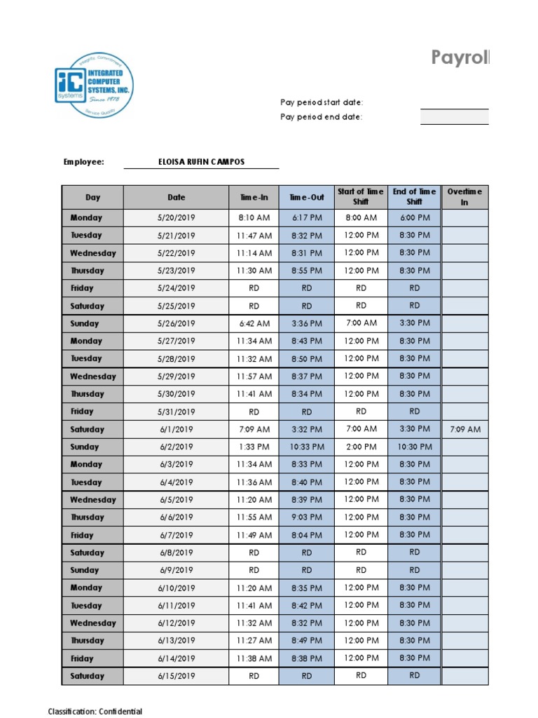 Payroll Time Sheet: Classification: Confidential | PDF | Business