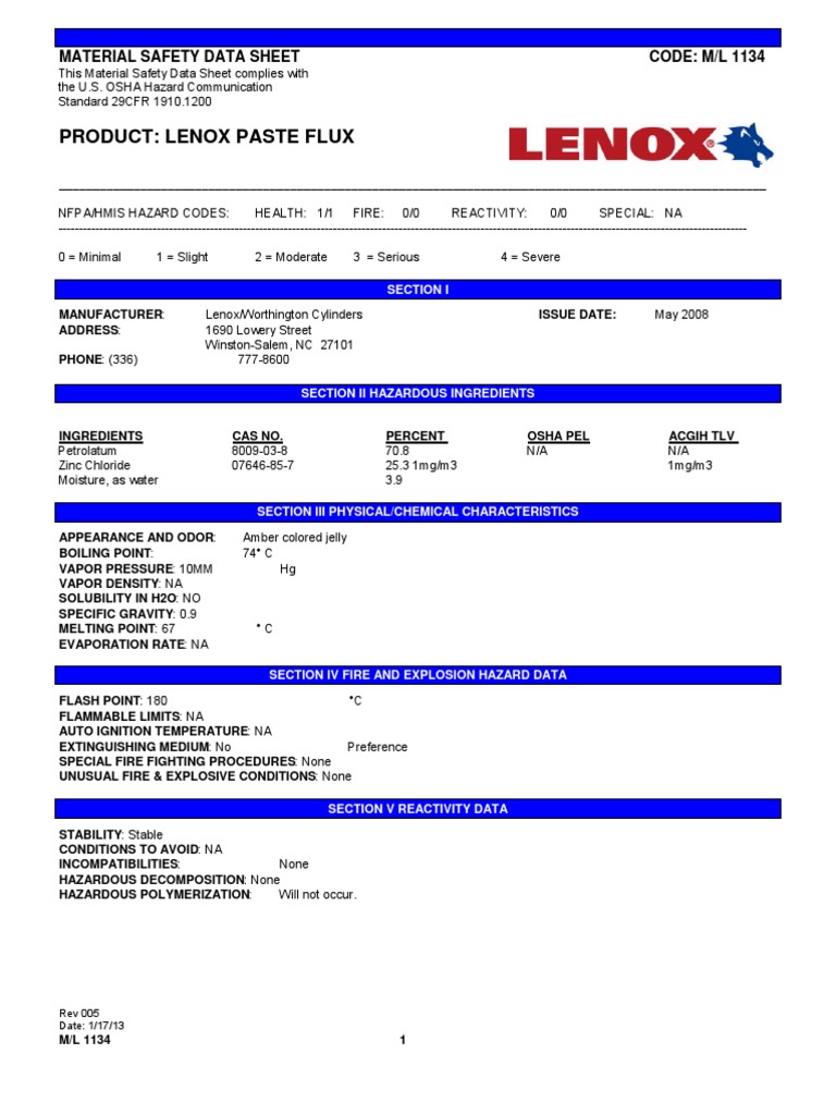 Product: Lenox Paste Flux: Material Safety Data Sheet CODE: M/L 1134 ...