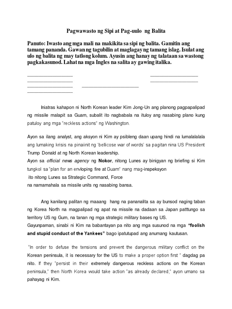 example ng paguulo ng balita 2222