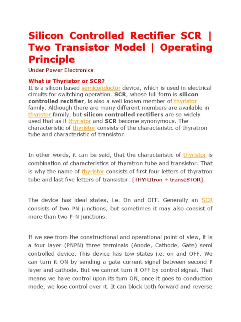 Silicon Controlled Rectifier SCR - Two Transistor Model - Operating ...